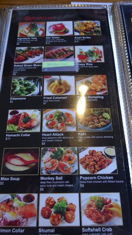 Menu at Midori Sushi restaurant, Tehachapi