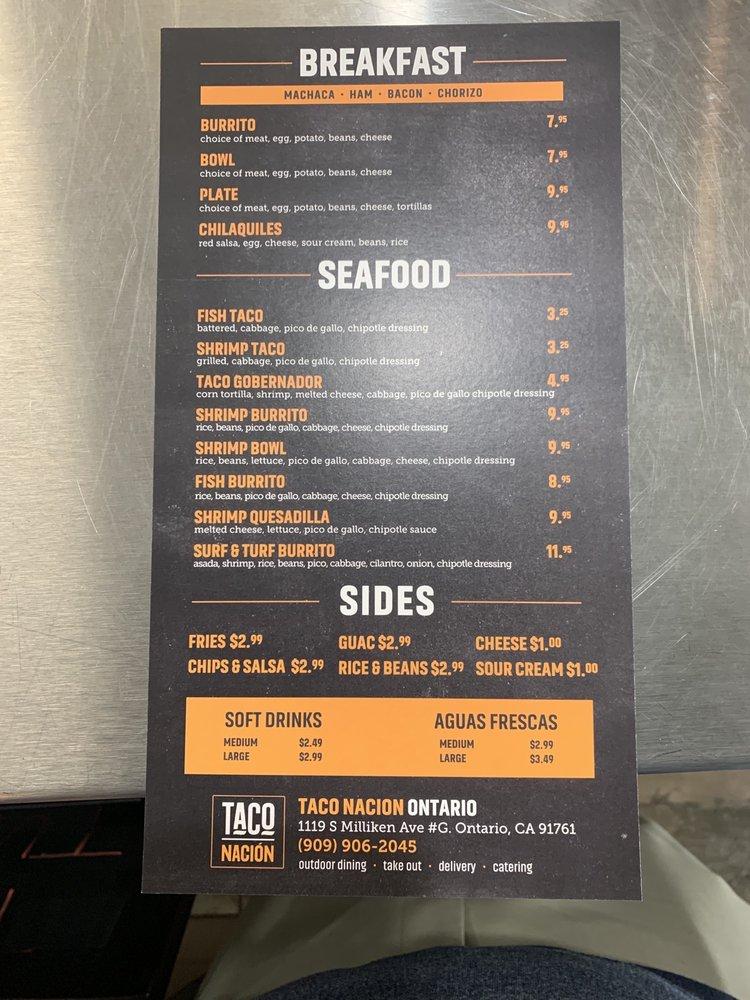 Menu at Taco Nacion restaurant, Ontario