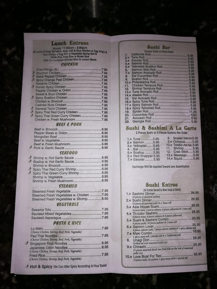 Menu at Asia House restaurant, Toccoa