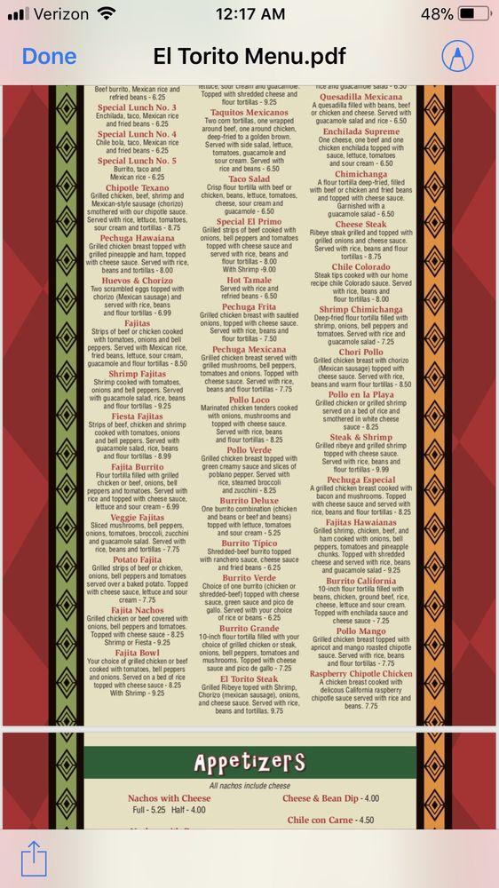 Menu at El Torito Mexican Grill restaurant, Paducah, Cairo Rd