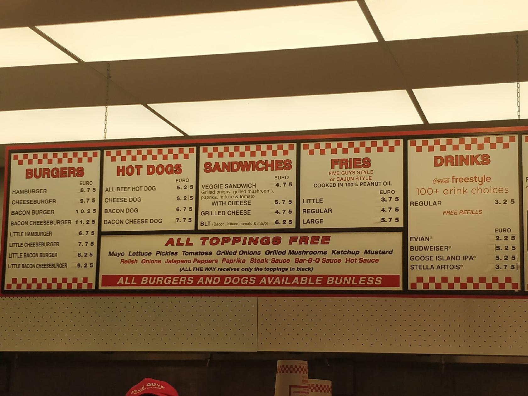 Menu at Five Guys, Antwerp