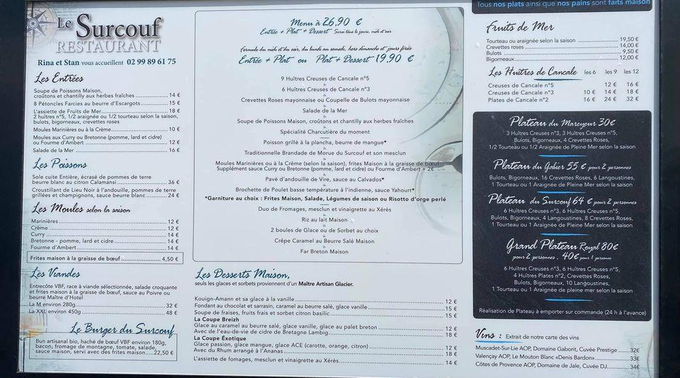 Carta del restaurante Le Surcouf, Cancale