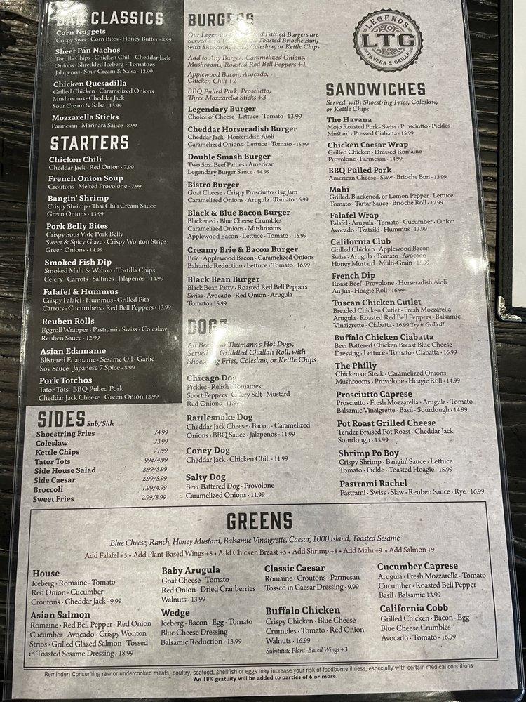 Menu at Legends Tavern and Grille pub & bar, Palm Beach Gardens