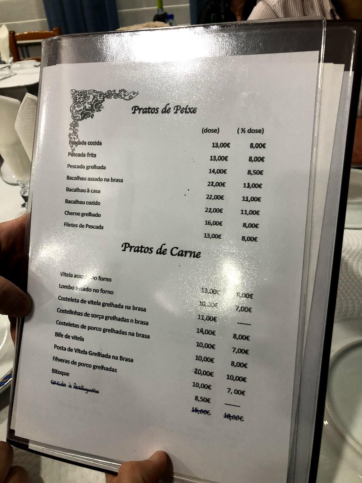 Carta del restaurante O Manco, Chaves