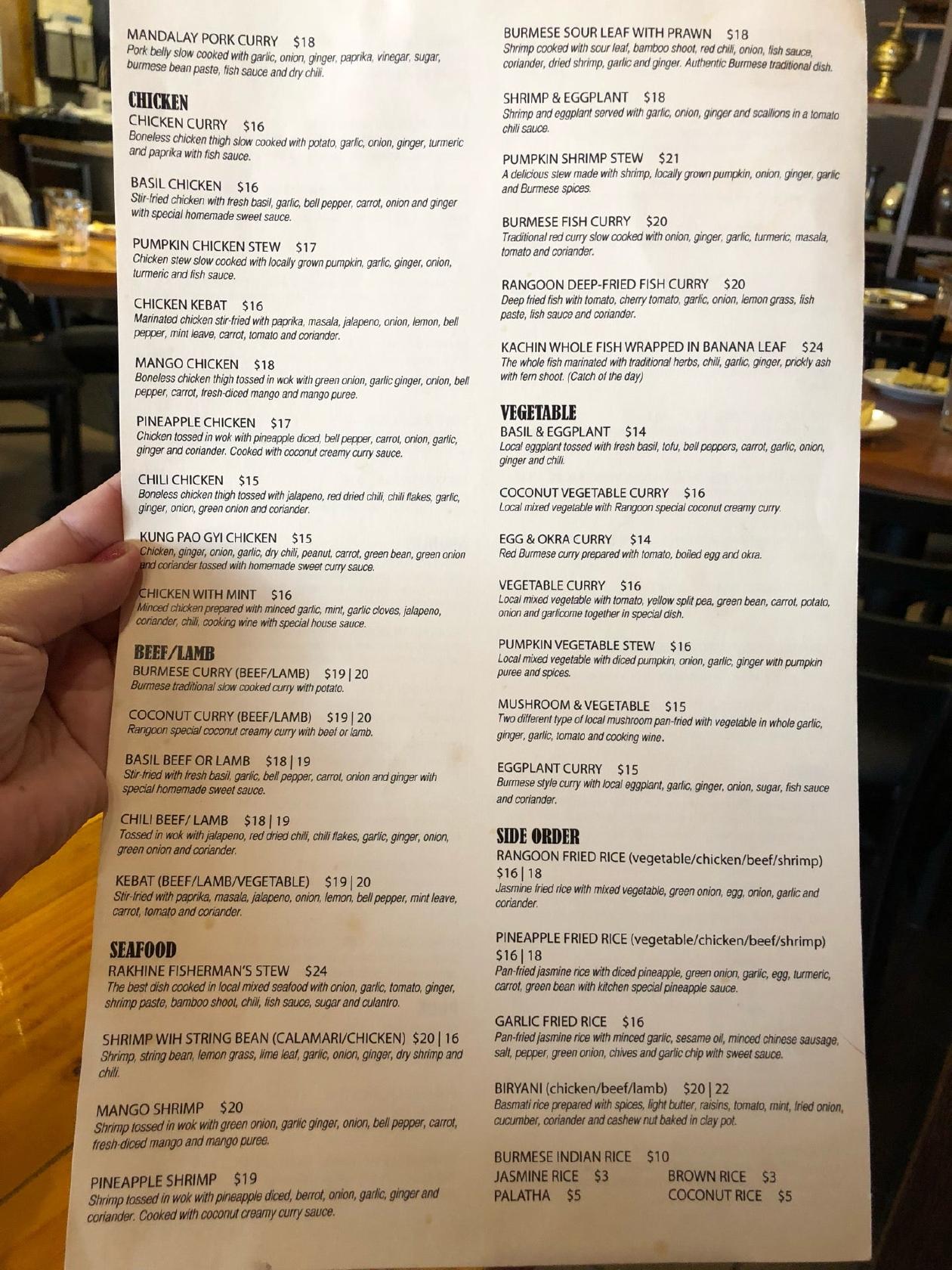 Menu at Rangoon Burmese kitchen restaurant, Honolulu