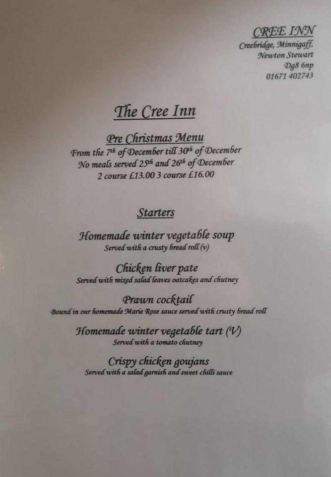 Menu at The Cree Inn restaurant, Newton Stewart