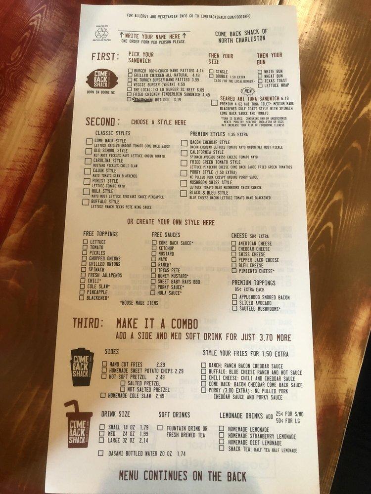 Menu at Come Back Shack restaurant, North Charleston