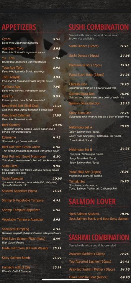 Menu at Fukui Sushi restaurant, Toronto