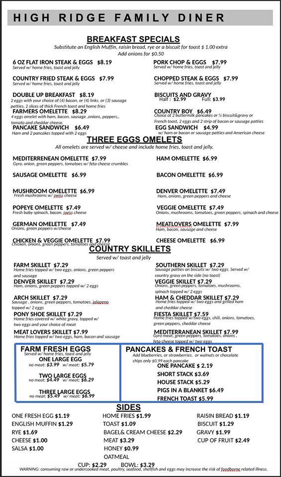 Menu at High Ridge Family Diner restaurant, High Ridge