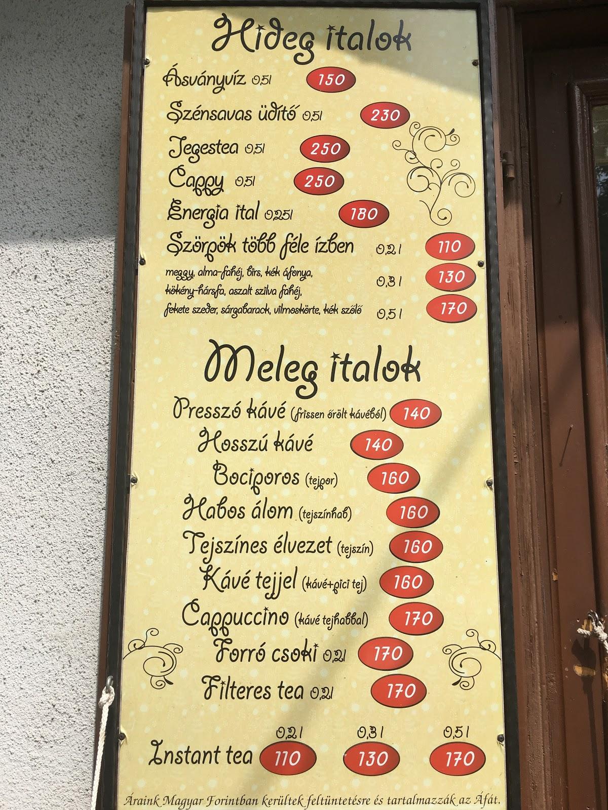 Menu at Lángos Sütöde restaurant, Sárospatak