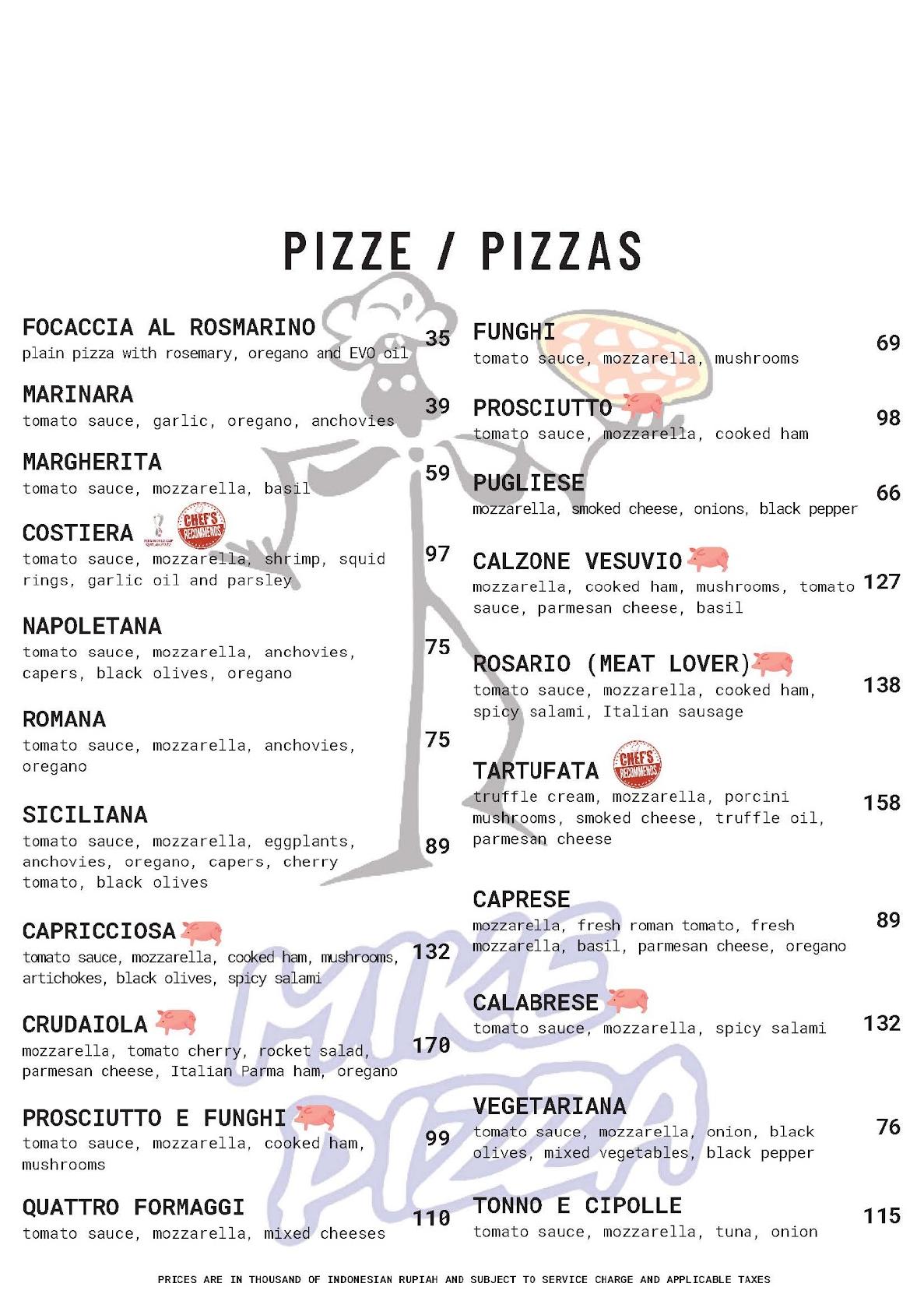 Menu at Mike Pizza Asia restaurant, South Jakarta