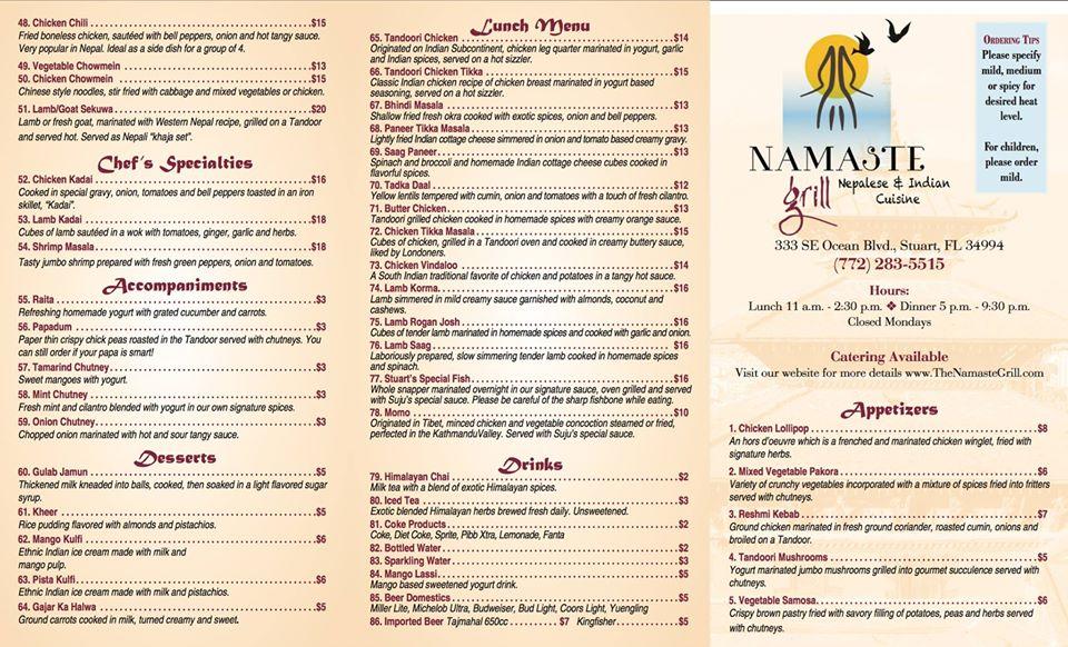 Menu at Namaste Grill restaurant, Stuart, SE Federal Hwy