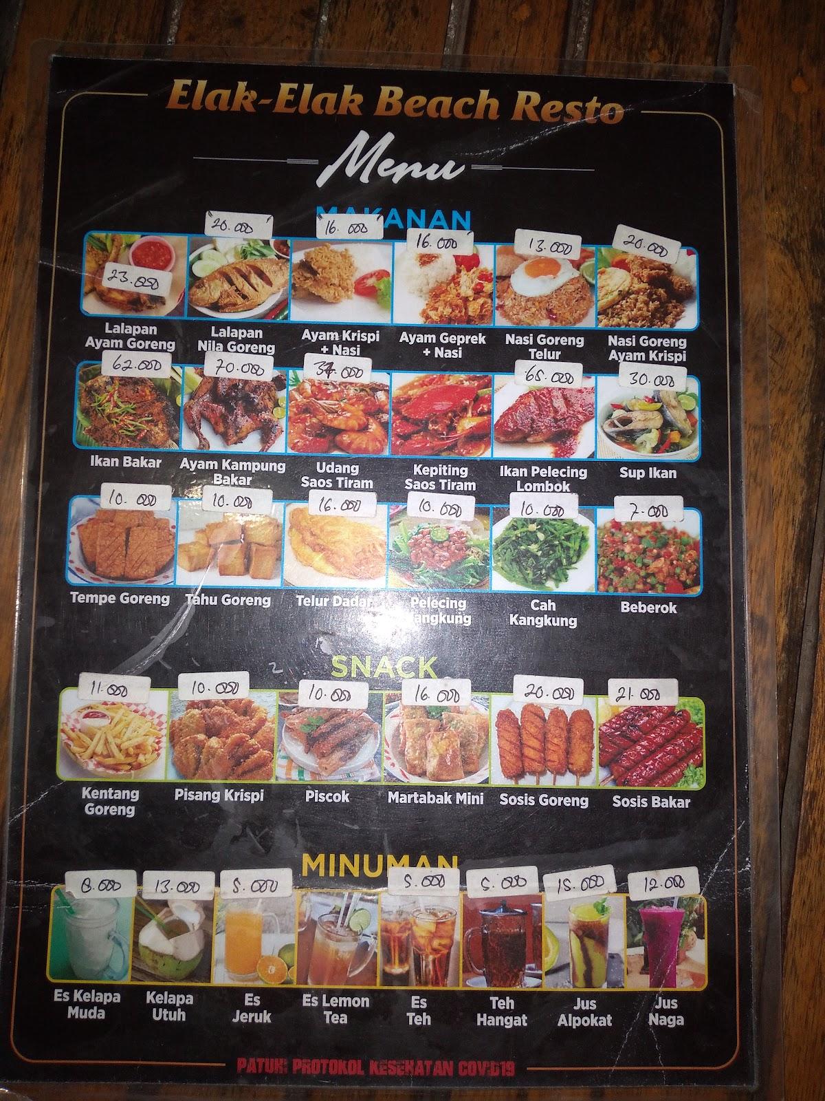 Menu at Elak-Elak Beach Resto restaurant, Indonesia