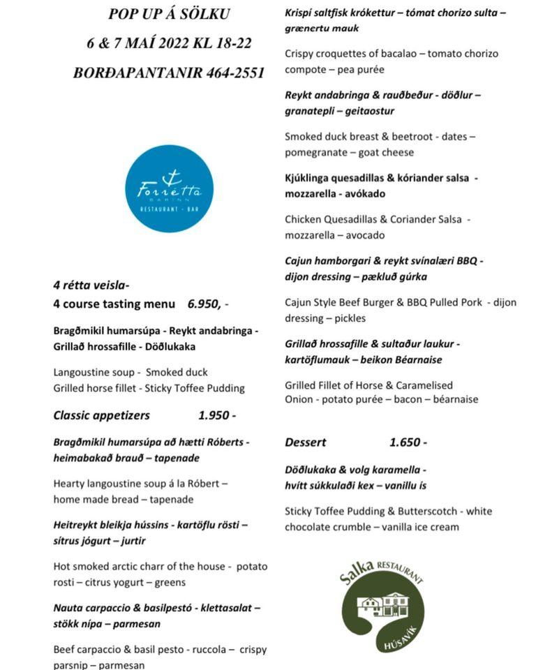 Menu at Salka Restaurant, Húsavík