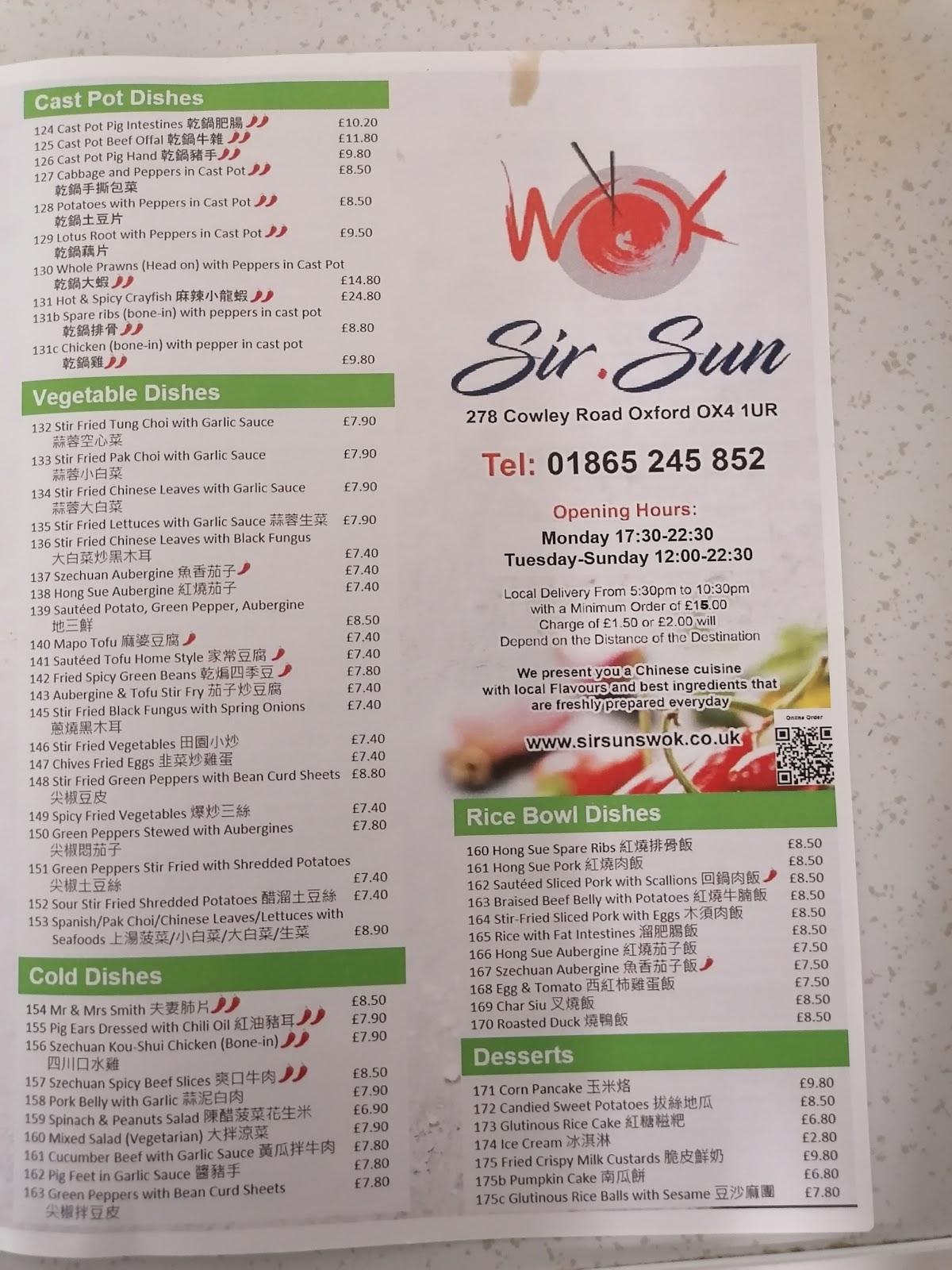 Menu at Sir Sun's Wok restaurant, Oxford