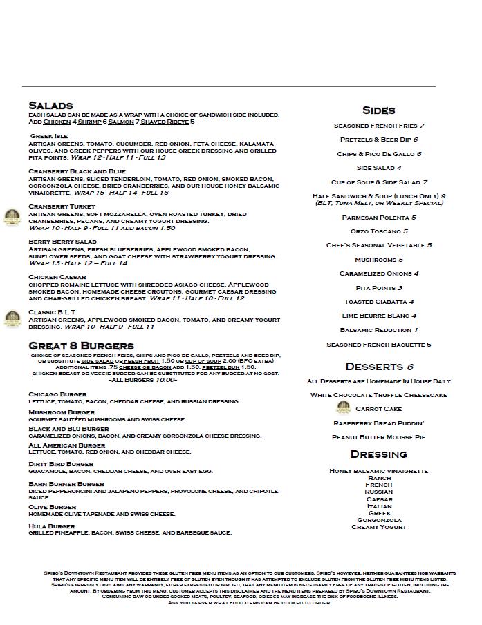 Menu at Spiro's Downtown Restaurant, Iron Mountain