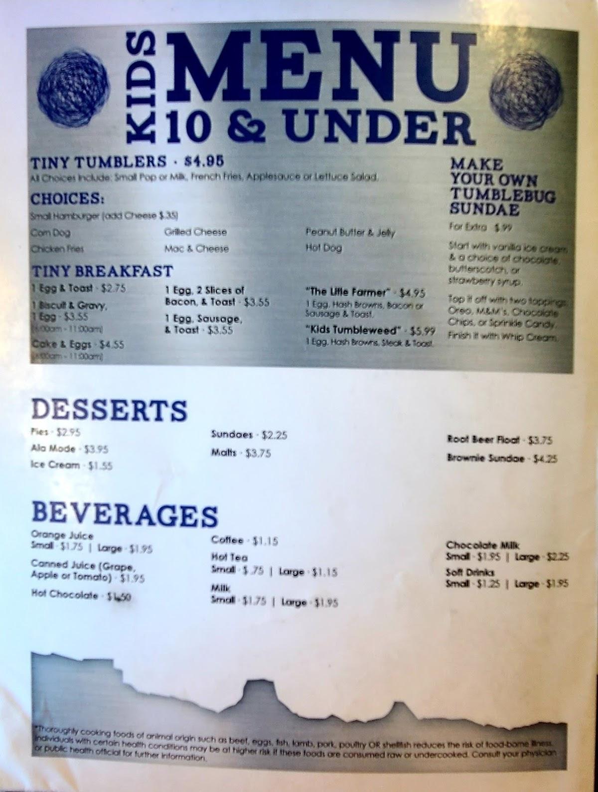 Menu at Tumbleweed Café cafe, Broken Bow