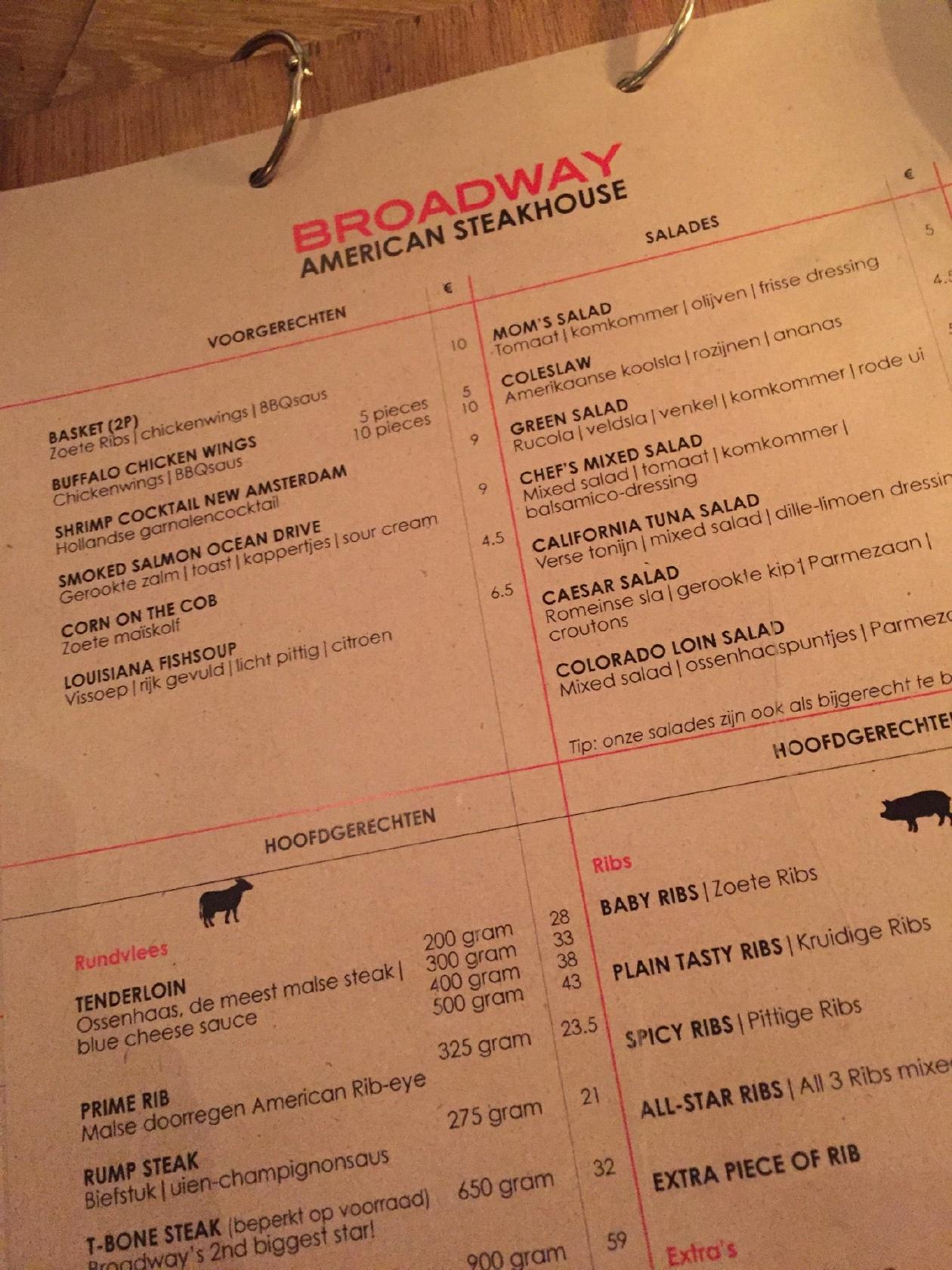 Menu at Broadway American Steakhouse, Utrecht