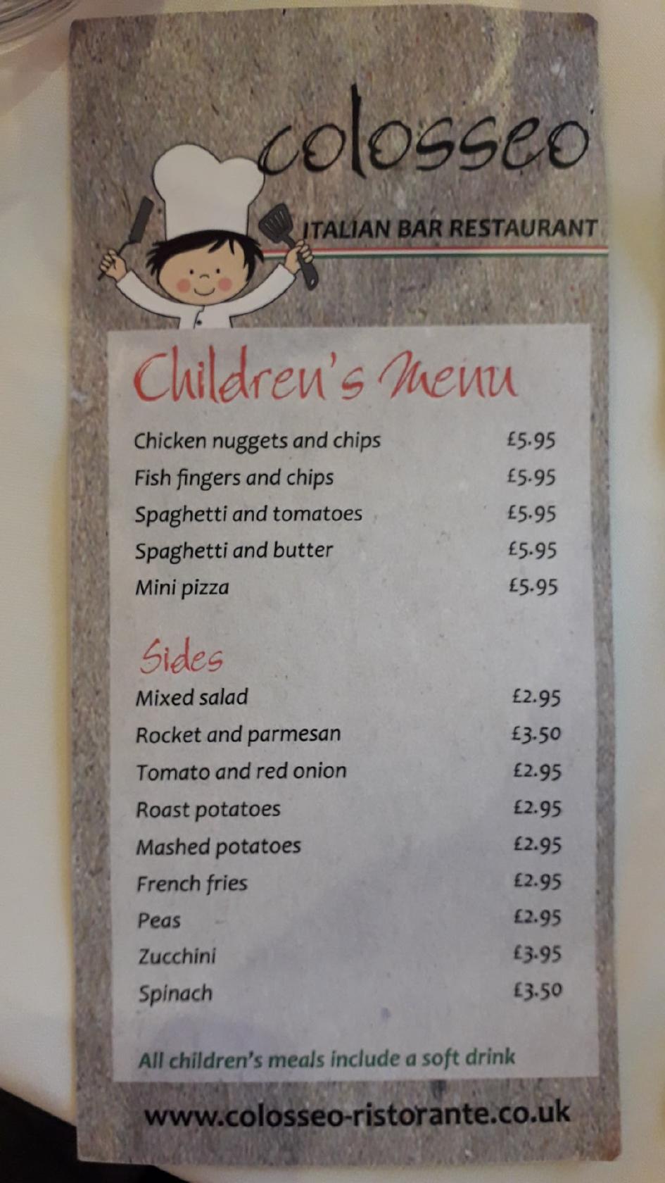 Menu at Colosseo restaurant, Birch Vale