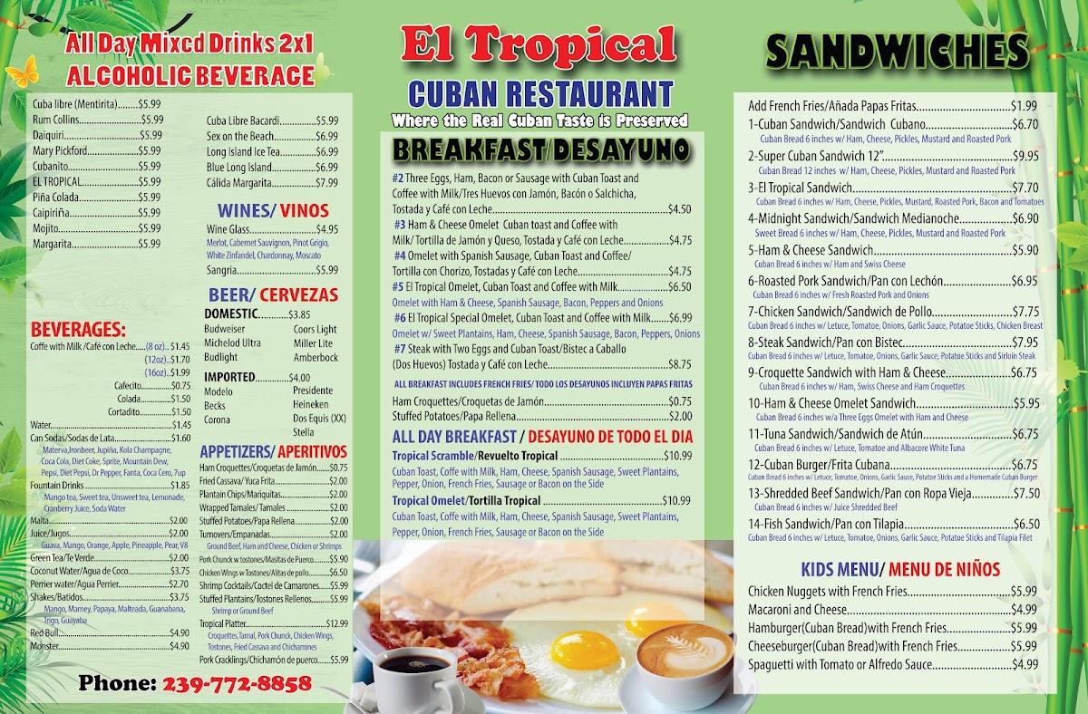 Menu at Cuban Restaurant El Tropical, Cape Coral