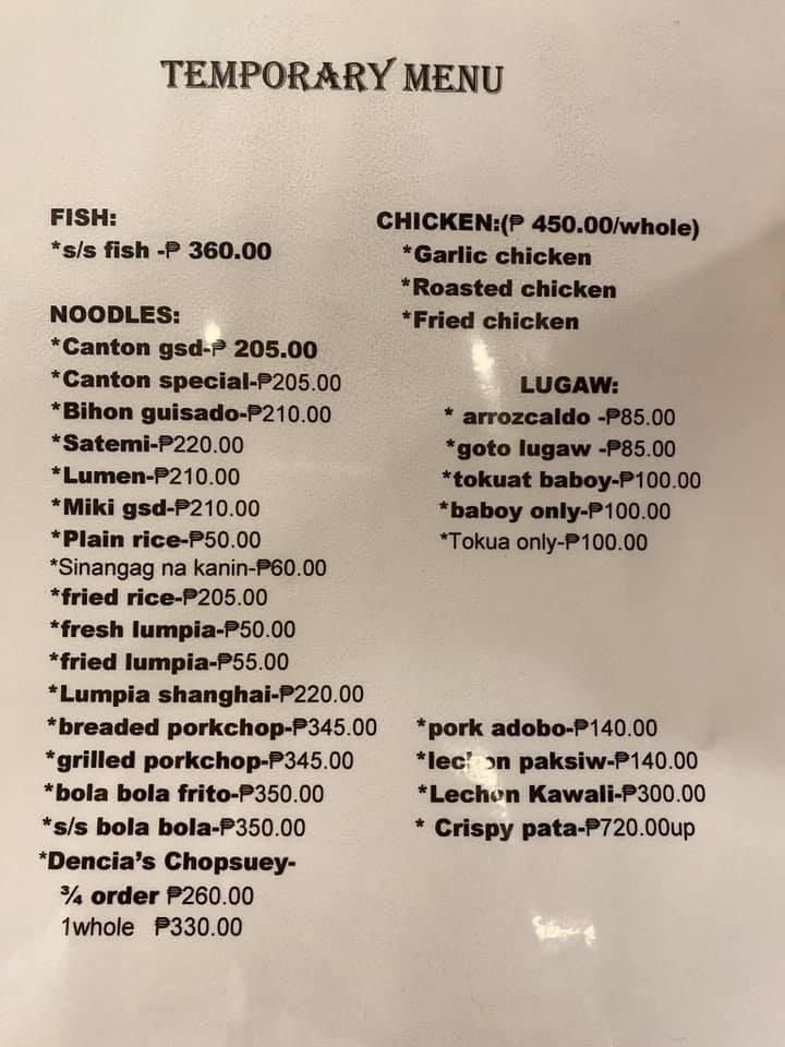 Menu at Davao Dencia's Restaurant, Davao City, General Luna St