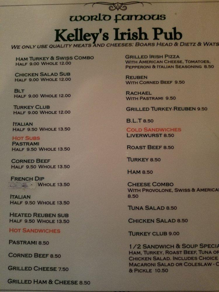 Menu at Kelley's Irish Pub, Vero Beach, 484 21st St B