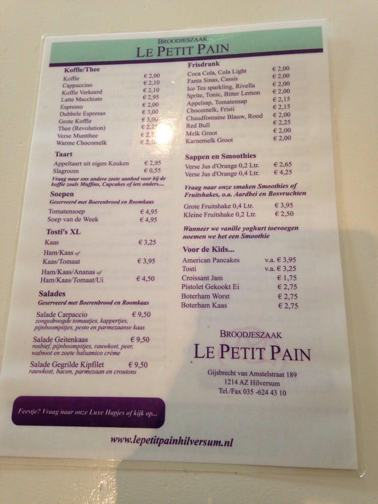 Menu at Le petit pain, Hilversum