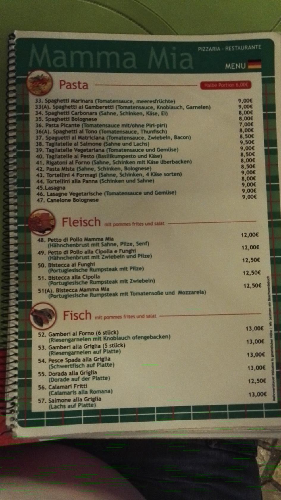 Menu em Mamma Mia pizzaria, Lagos