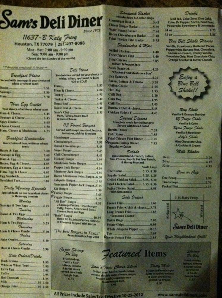 Menu at Sam's Deli Diner restaurant, Houston, B Katy Fwy