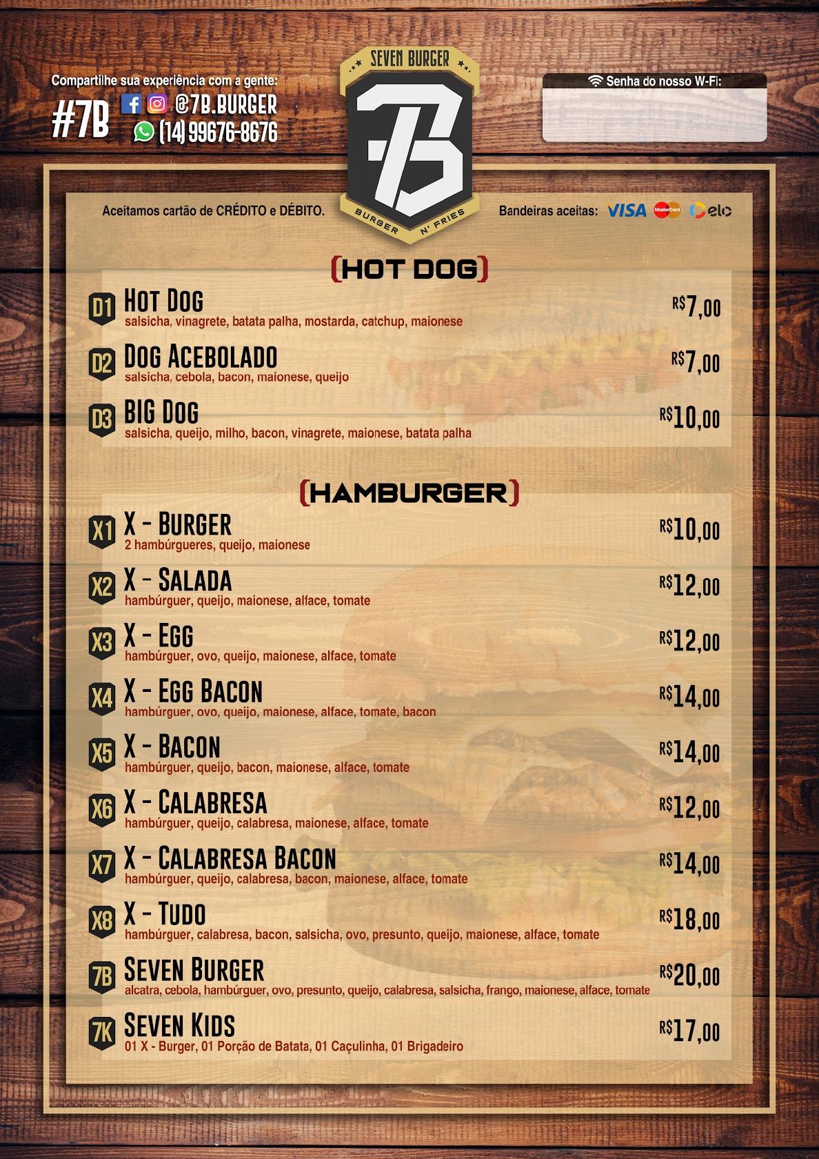 Carta del pub y bar Seven Burger, Lençóis Paulista