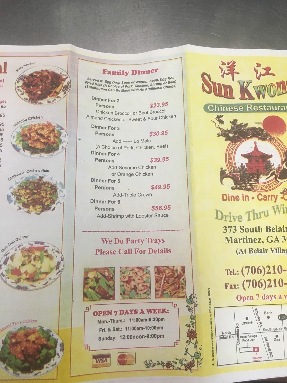 Menu at Sun Kwong Chinese Restaurant, Augusta