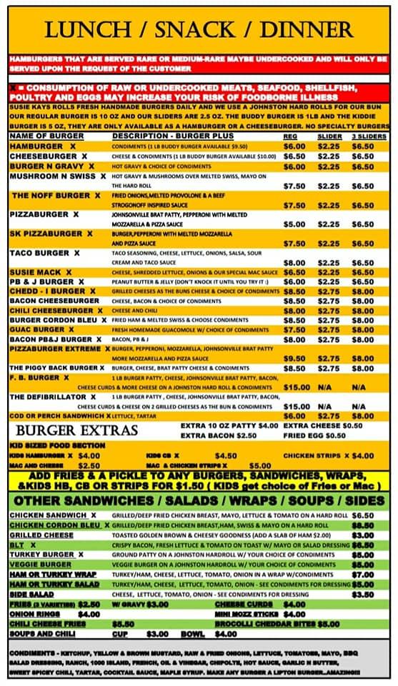 Menu at Susie Kay’s Cafe, Manitowoc