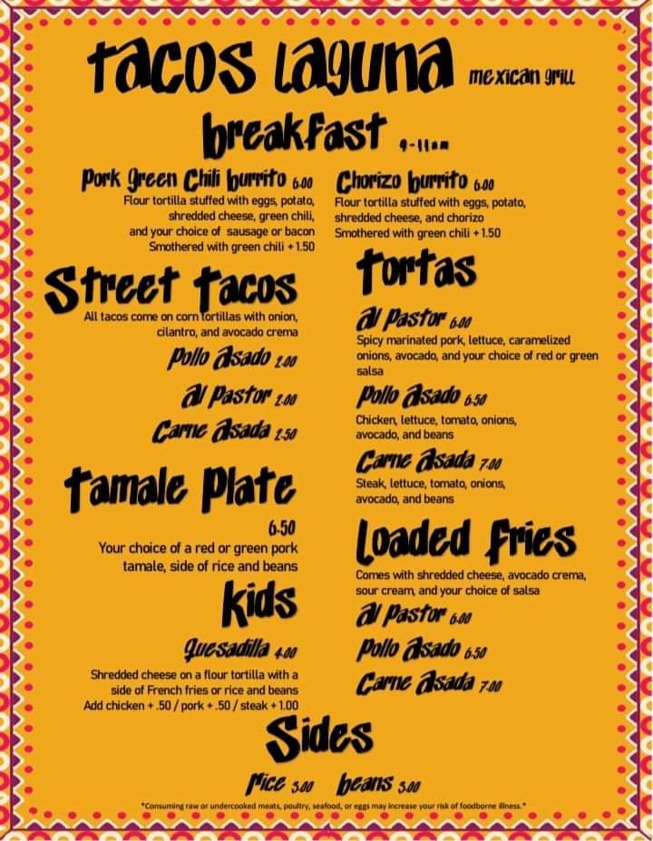 Menu at Taqueria la laguna Mexican Grill restaurant, Sidney