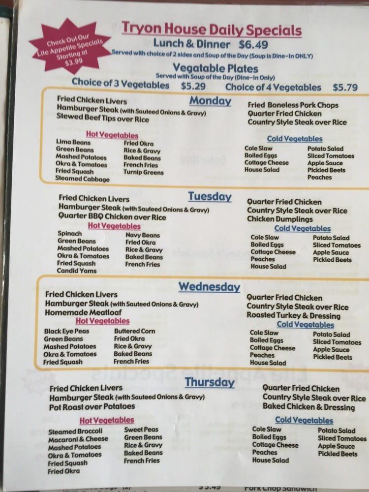 Menu at Tryon House Restaurant, Charlotte, 130 Eastway Dr