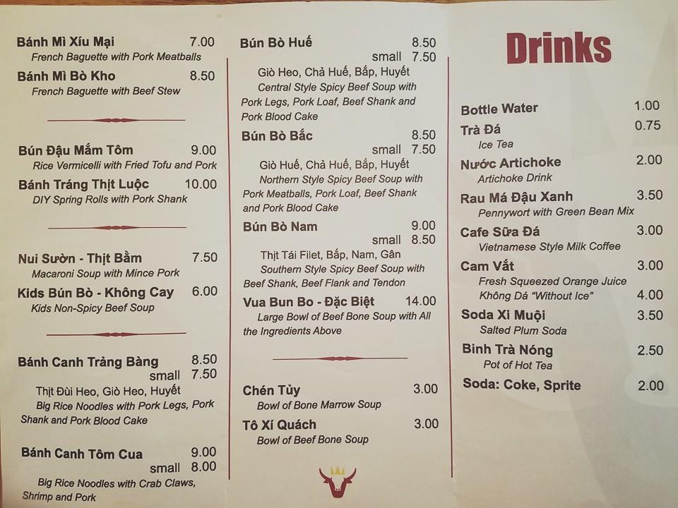 Menu at Vua Bún Bò Cali restaurant, Westminster