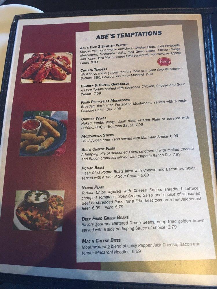 Menu at Abe's Hideout restaurant, Springfield
