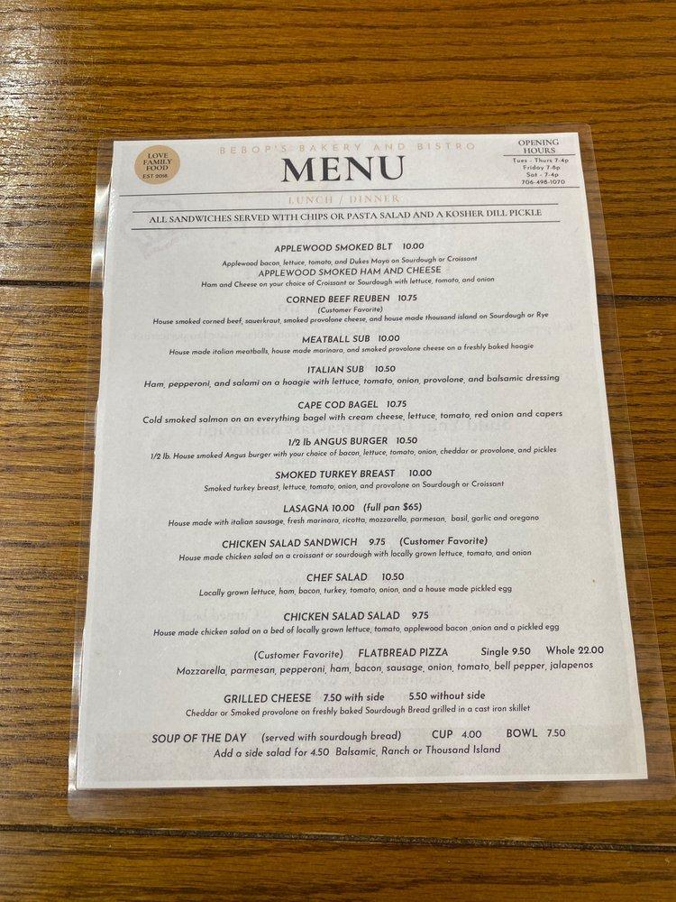 Menu at Bebop's Bakery and Bistro, Royston