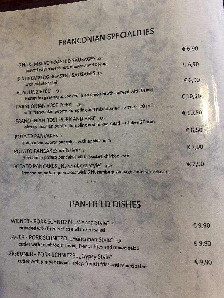 Menu at Zum Schwänlein restaurant, Nuremberg