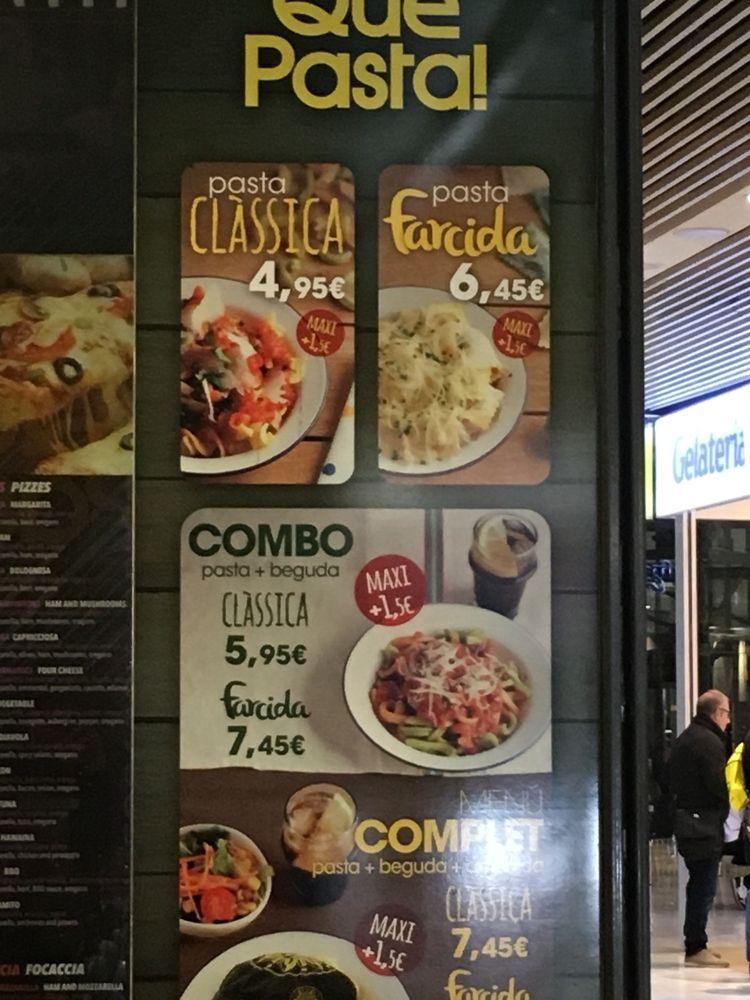 Menu at Que Pasta! pizzeria, Barcelona, Arenas de Barcelona