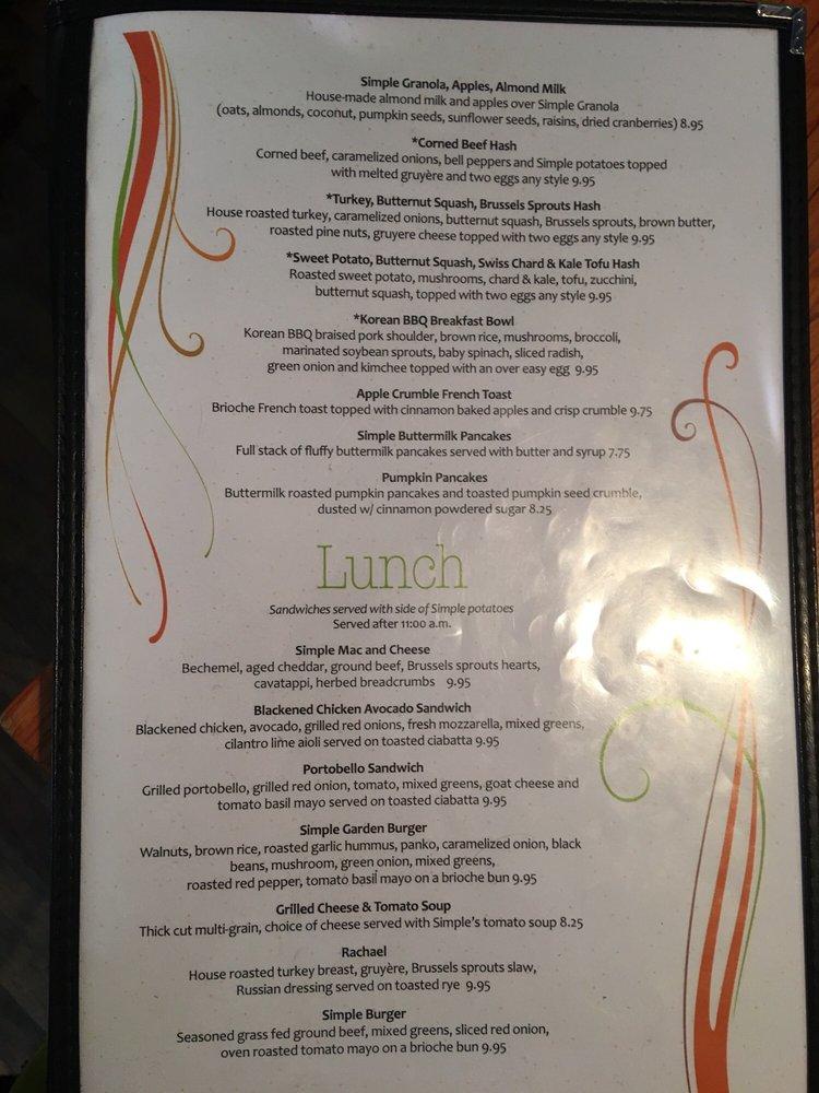 Menu at Simple Café restaurant, Lake Geneva