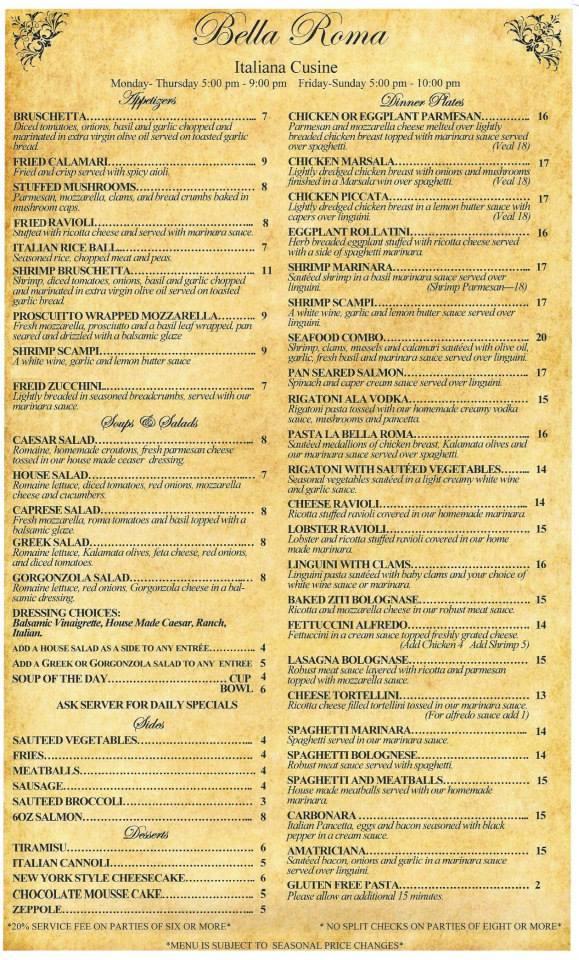 Menu at Bella Roma restaurant, New Albany