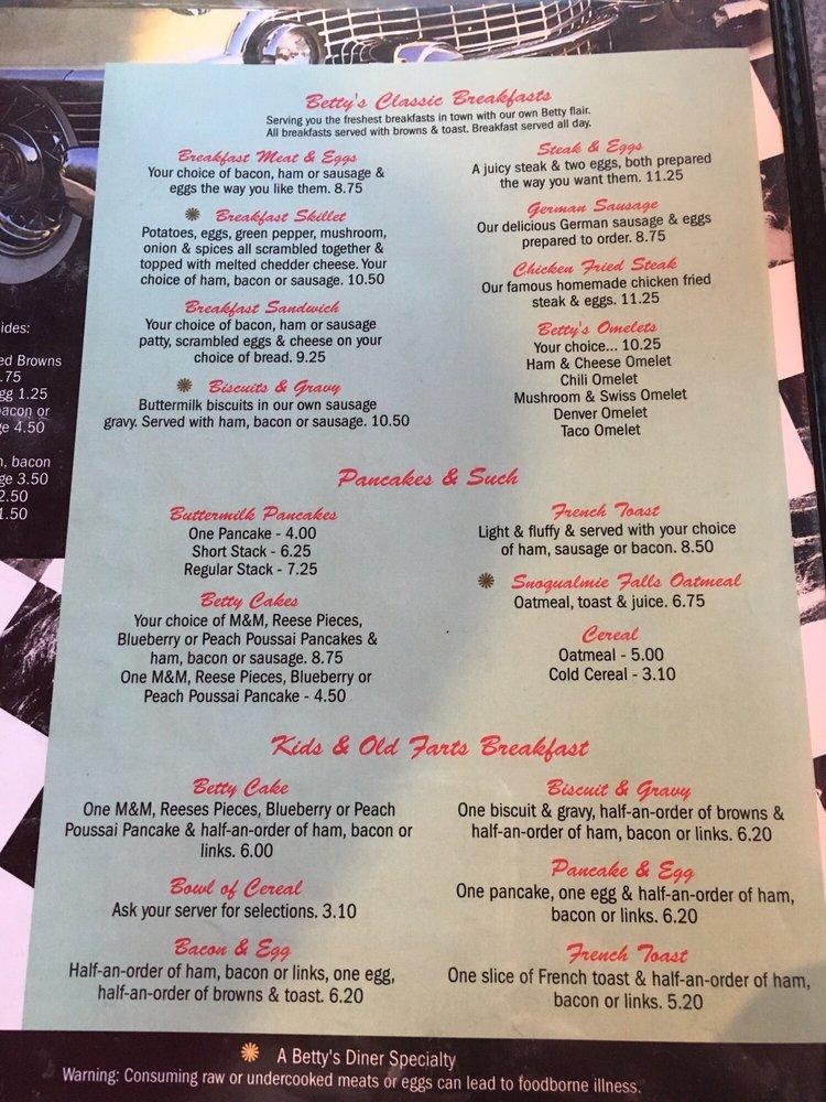 Menu at Betty's Diner cafe, Polson
