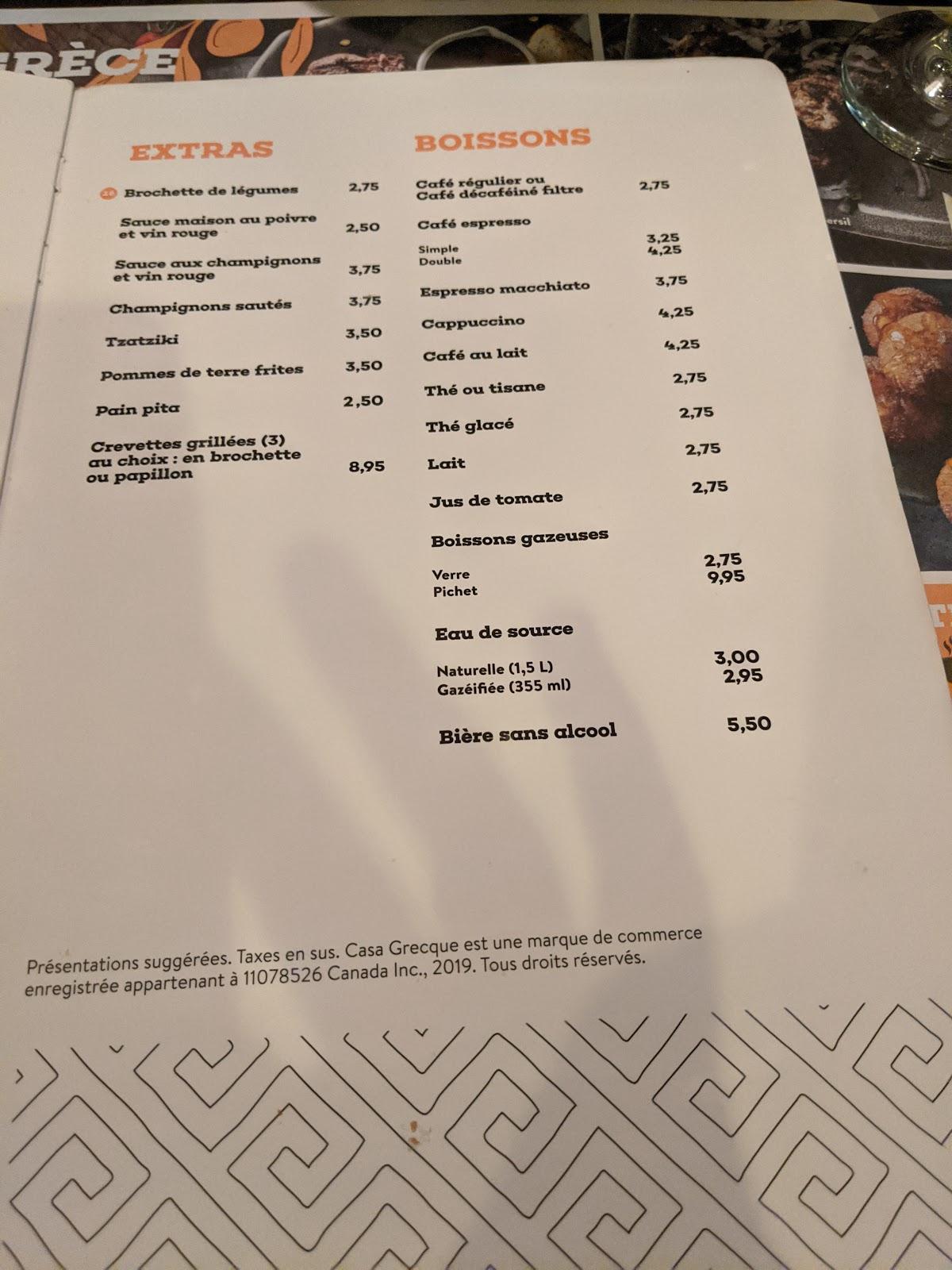 Menu au Casa grecque restaurant, Québec, 3291 Ch Ste-Foy