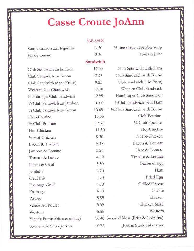 Menu au Casse-croute Jo-Ann restaurant, Gaspé