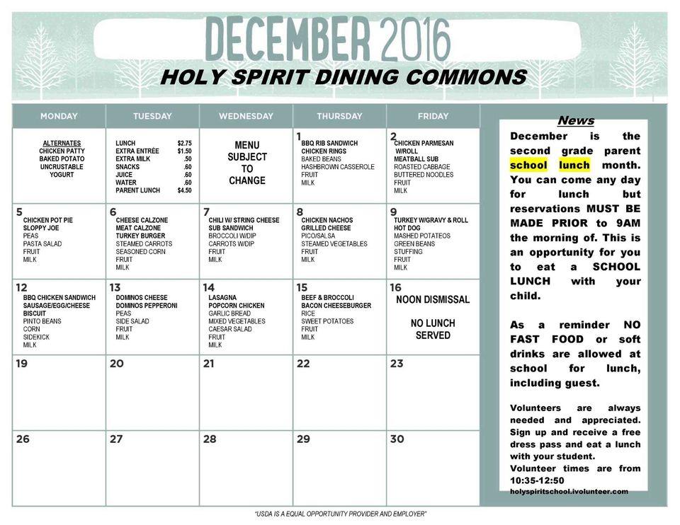 Menu at Holy Spirit Dining Commons cafeteria, Louisville