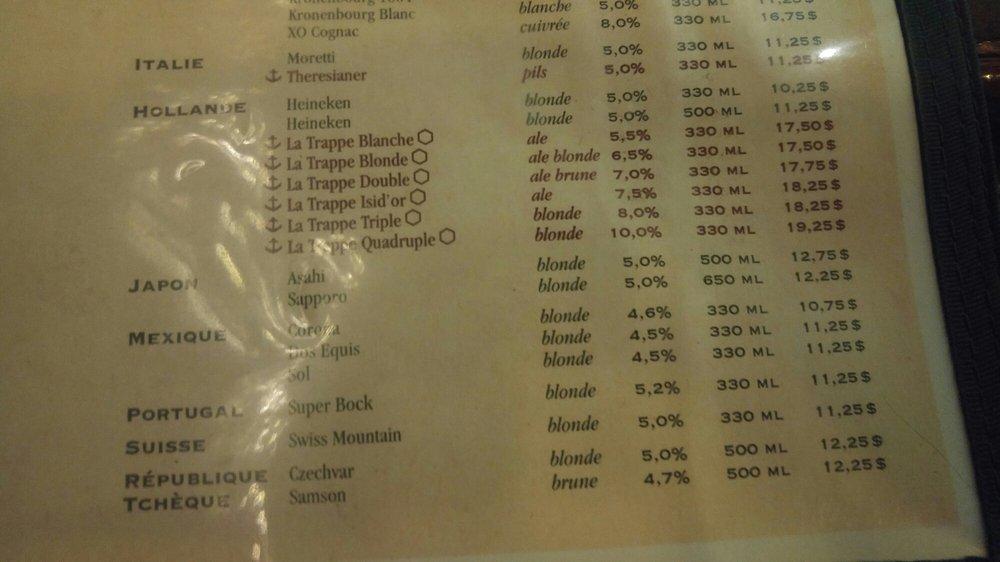 Menu at Pub St-Alexandre, Québec City