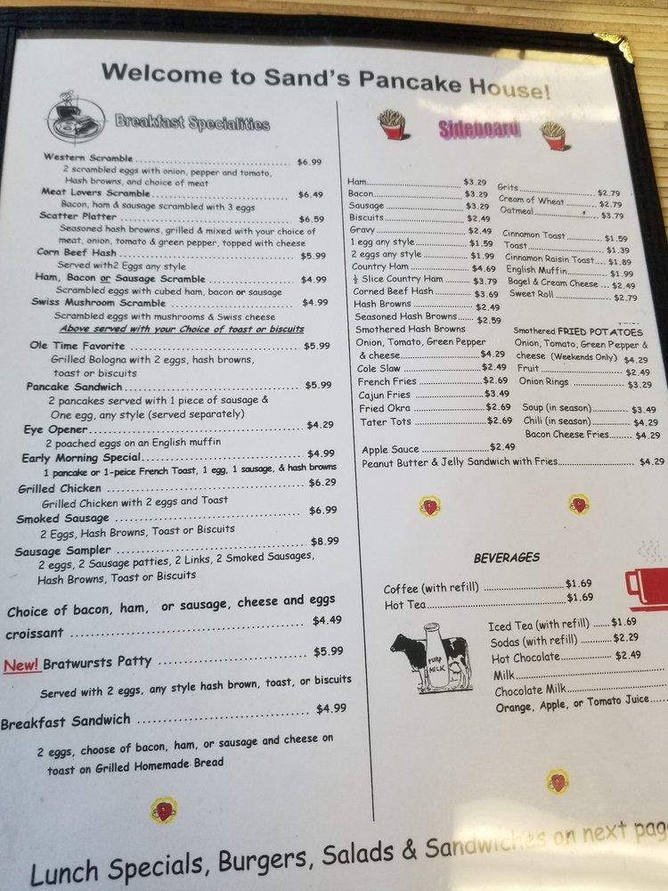 Menu at Sand's Pancake House cafe, Cape Girardeau, 602 Morgan Oak St