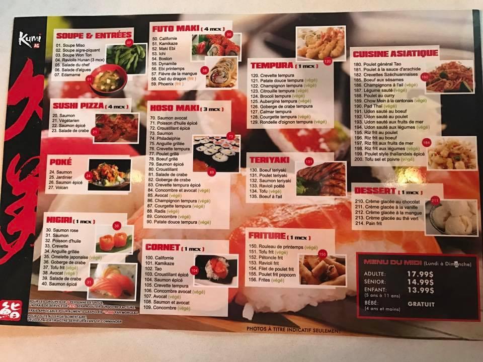 Menu au Sushi Kumi restaurant, Québec, 815 Bd Lebourgneuf