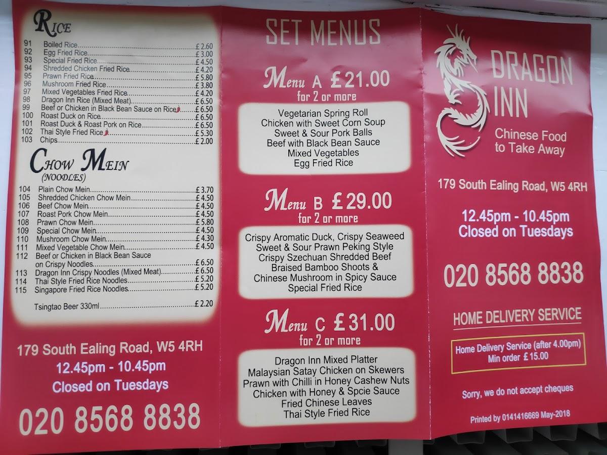 Menu at The Dragon Inn fast food, London, 179 S Ealing Rd