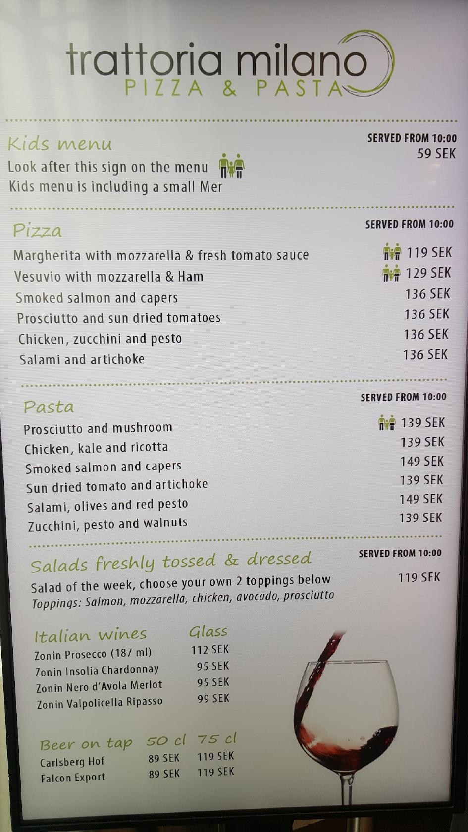 Menu at Trattoria Milano restaurant, Märsta